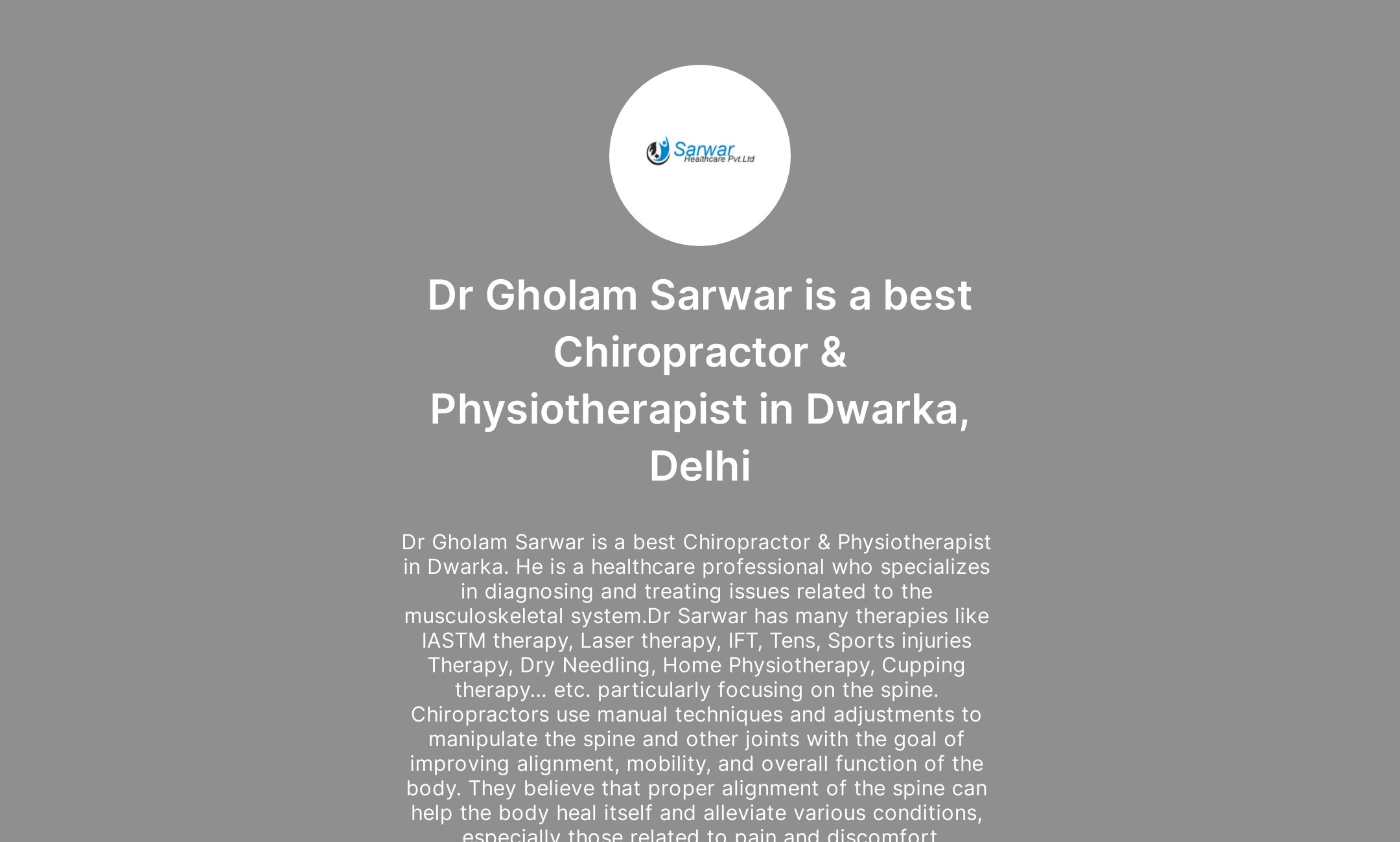Dr Gholam Sarwar is a best Chiropractor & Physiotherapist in Dwarka, Delhi's Flowpage