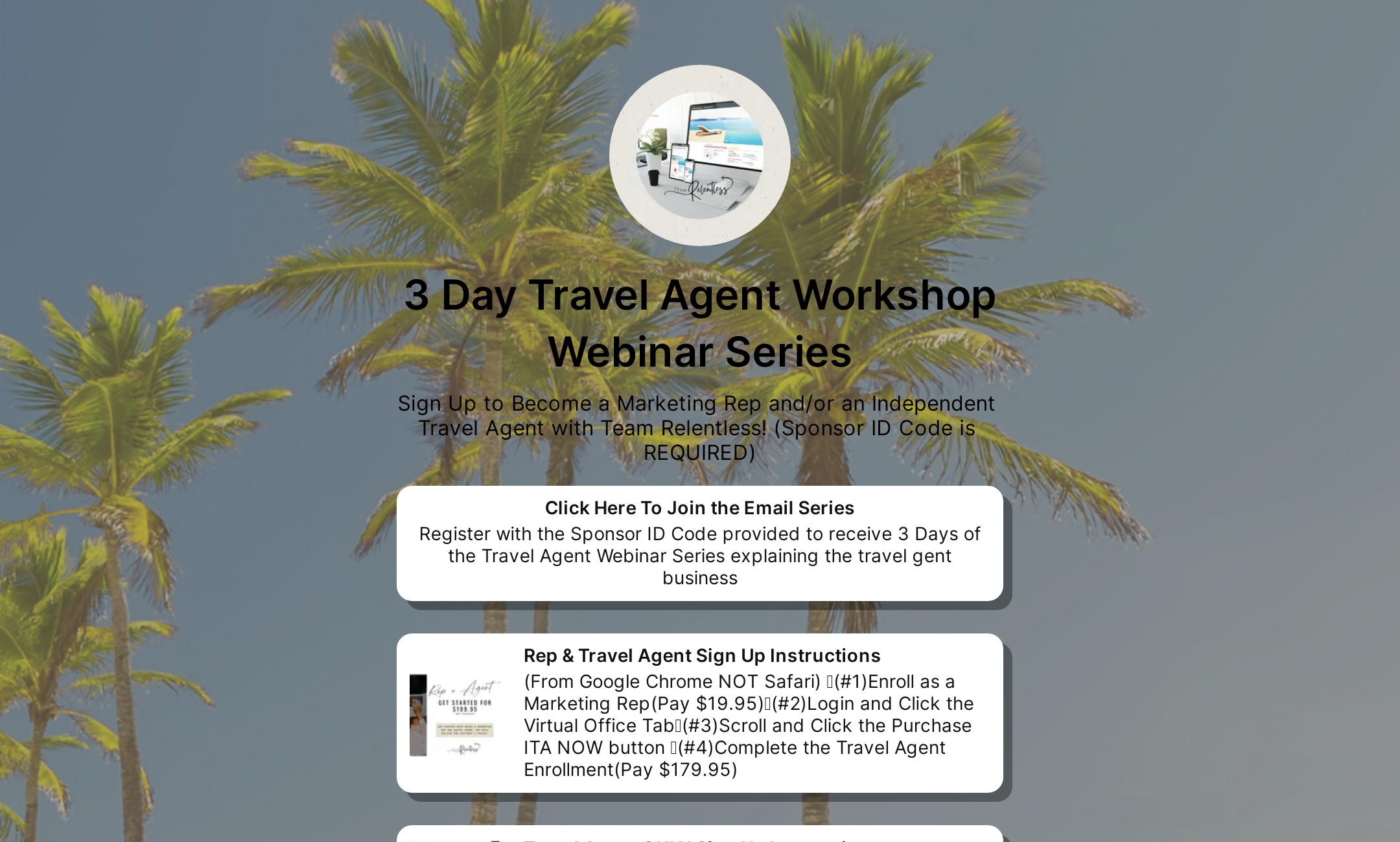 3 Day Travel Agent Workshop Webinar Series' Flowpage